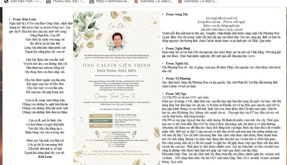TRANG PHÂN ƯU Và Hình Ảnh Thăm Viếng Tang Lễ Cháu CALVIN LIÊN TRỊNH Của Văn Thơ Lạc Việt & THƯ ...