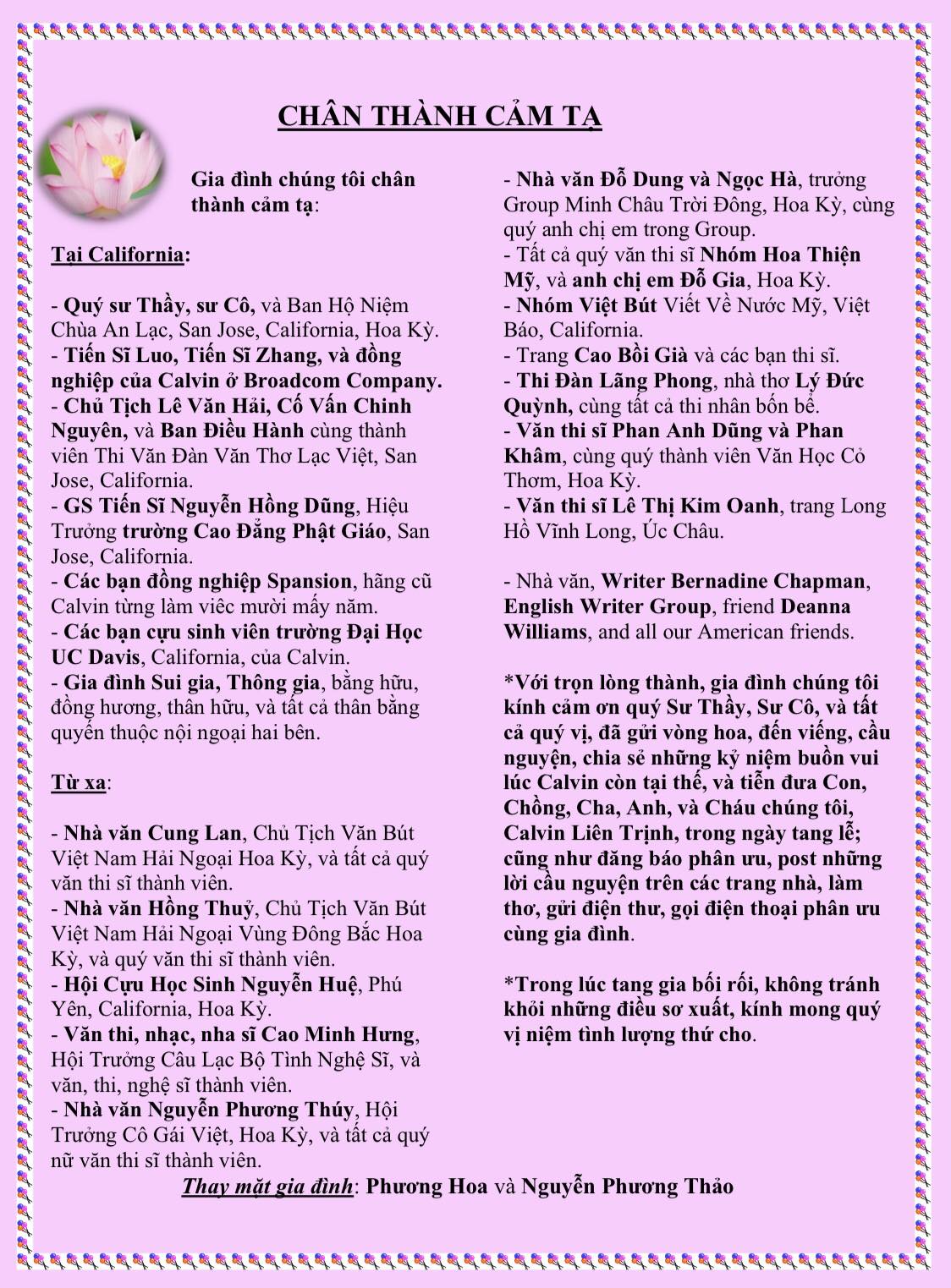 TRANG PHÂN ƯU Và Hình Ảnh Thăm Viếng Tang Lễ Cháu CALVIN LIÊN TRỊNH Của ...